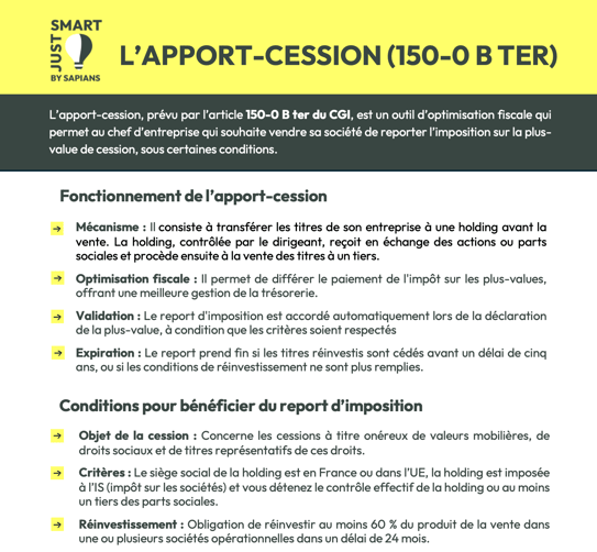 Réinvestissement apport-cession 150-0 B Ter : conditions, éligibilité.
